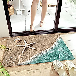 Fluffy Shag Area Rug,Coastal Beach Starfish Shells Ultra Soft Shaggy Carpet for Bedroom Living Room Bathroom Nursery, Teal Sea Water Floor Door Mats Home Decor 24×36in