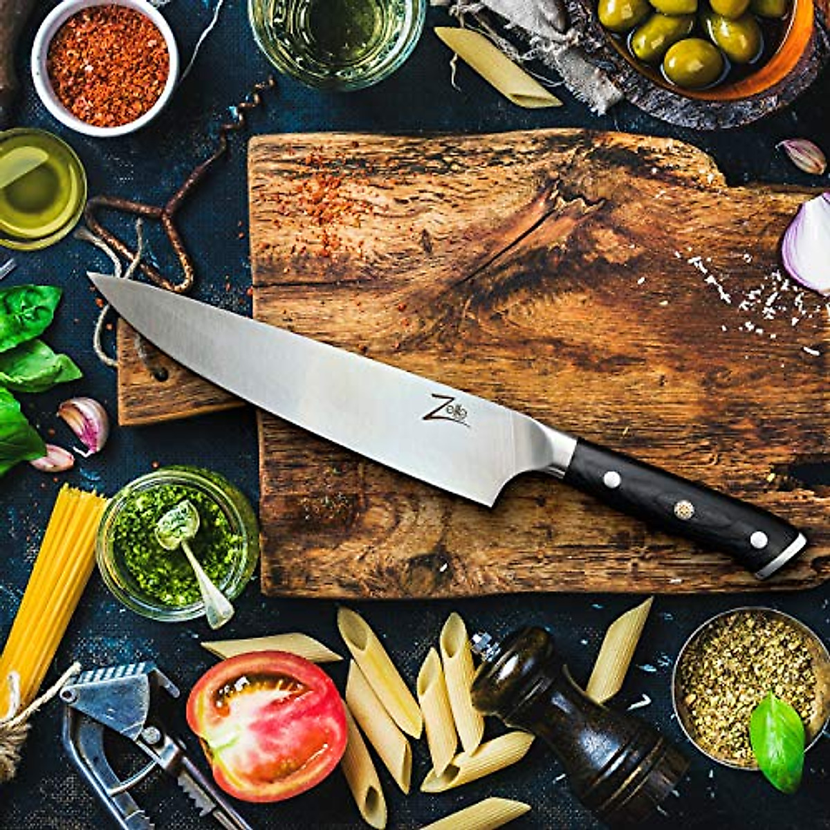 Zelite Infinity Chef Knife 10 Inch, Chefs Knife, Kitchen Knife, Chef's Knives, Chef Knives, Sharp Knife, Vegetable Knife - German High Carbon Stainless Steel - Pakkawood Handle - Leather Sheath