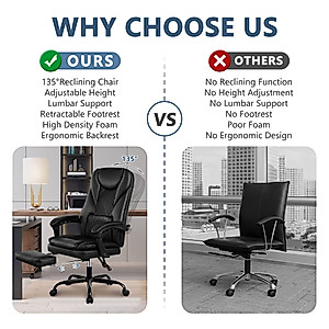 Guessky Executive Office Chair, Big and Tall Office Chair with Foot Rest Reclining Leather Chair, High Back Ergonomic Home Office Desk Chair(Black)