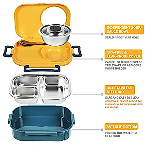 Puraville Stainless Steel Bento Lunch Box for Kids and Adults, Stackable BPA-Free Food Containers with 3 Compartments and Reusable Sauce Bowl, Fork and Spoon, (1000ml/34oz, Yellow)