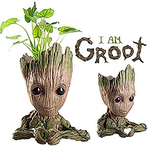 Nuokexin Baby Groot Flower Pot, Treeman Heart-Shaped Groot Succulent Planter Cute Green Plants Flower Pot with Hole Pen Holder Best Christmas Gifts