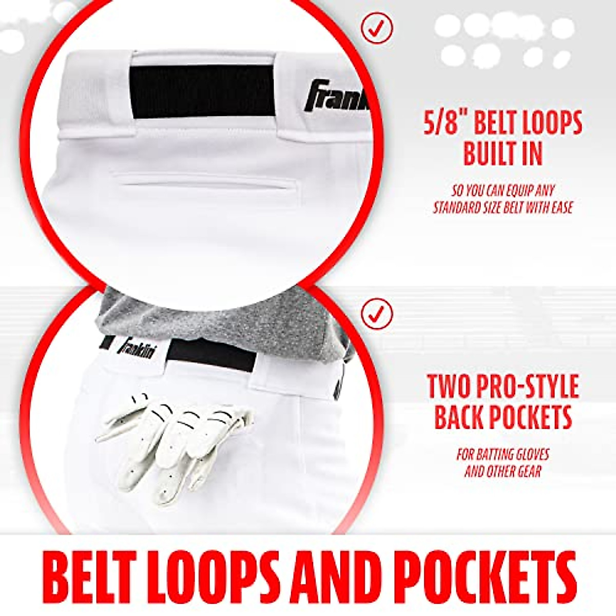 Franklin Sports Youth Baseball + Softball Pants - Knee High White Baseball Pants for Kids - Boys + Girls Knicker Style with Belt Loop - White - Extra Large