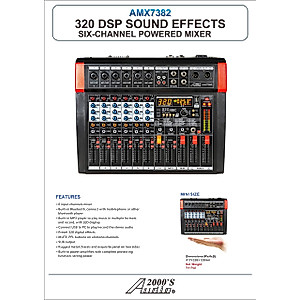 Audio2000'S AMX7382 Six-Channel Powered Audio Mixer with 320 DSP Sound Effects, Stereo Sub Out with Sub-Out Level-Control Fader, Level-Control Faders on All Channels, and USB/Computer Interface