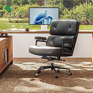 Rimdoc Padded Mid Back Office Chair with Armrest Big Desk Chair 350 Pounds Capacity, High Adjustable, Tilt and Forth, Heavy Duty Aluminum Alloy Frame, Lumbar Support, Genuine Leather, Black