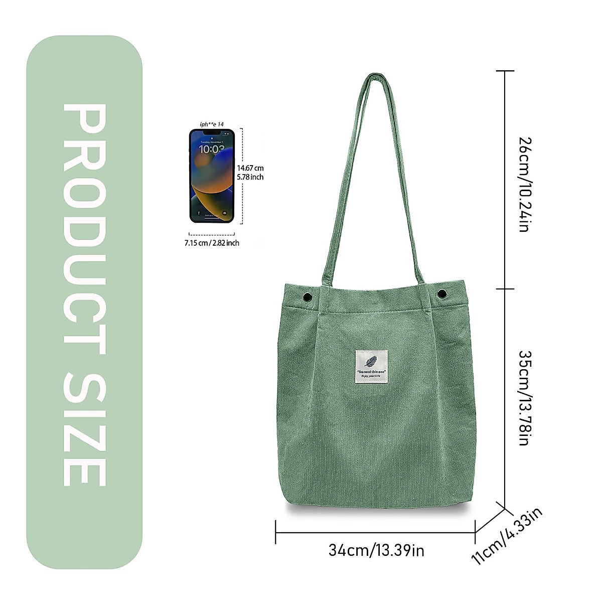 TELLUMO Fashion Corduroy Tote Bag Cow Print Bag Purses for Women Teen Girls with Inner Pocket (PeaGreen)