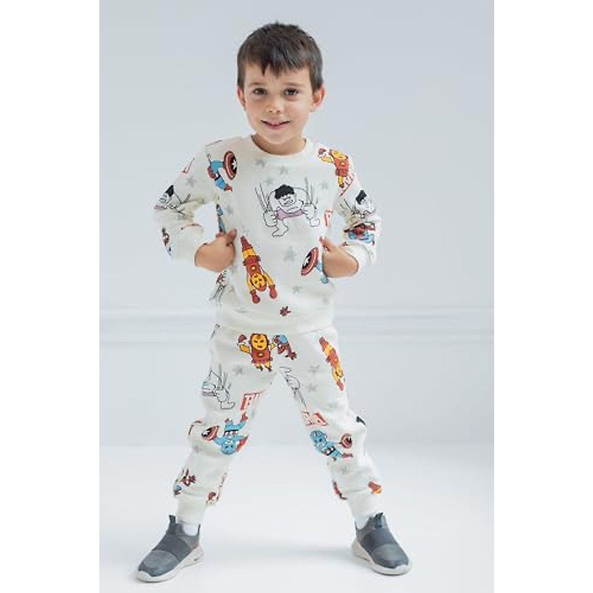 Marvel Avengers Spider-Man Hulk Iron Man Captain America Little Boys Fleece Sweatshirt and Pants Set White 7-8