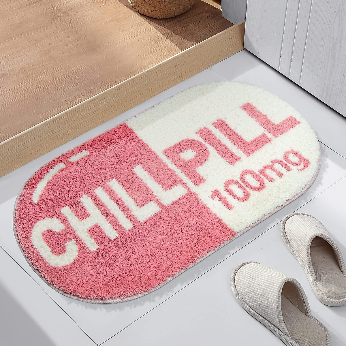 RORA Funny Cute Chill Pill Bath Mat Small Pink Bathroom Rugs Preppy Bathroom Decor Aesthetic Bath Rug Non Slip Washable Water Absorbent