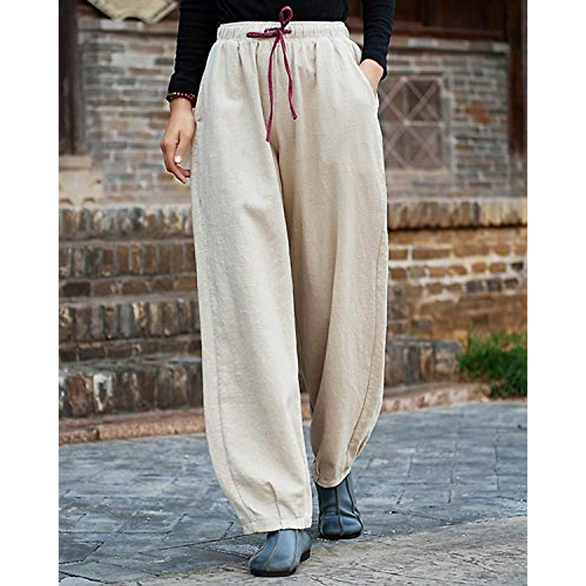 Safeeye Women's Loose Linen Pants Casual Wide Leg Drawstring Striaght Fit Trousers Beige XXL
