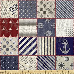 Lunarable Nautical Fabric by The Yard, Maritime and Marine Life Design Vintage Sailor Knot Anchor Motifs, Microfiber Fabric for Arts and Crafts Textiles & Decor, 3 Yards, Vermilion Blue