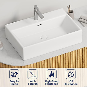 24" x 16" Bathroom Sink Vessel Rectangle, Eridanus Hang Wall Mount Sinks Countertop Vanity Floating Trough Washbasin, Ceramic Porcelain Modern White Art Basin Bowl with Overflow