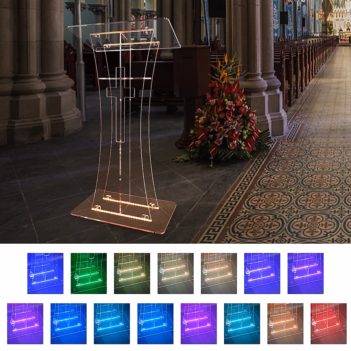 GOJLEX Church Pulpit with Led Lights, 43” Cross Acrylic Church Podium with Large Reading Platform, Transparent Lecterns for Churches, Weedings (23.6” L*15.7”W *43”H)