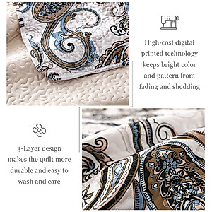Whale Flotilla Reversible Paisley Quilts King Size, Lightweight Boho Printed Bedspreads Coverlets Quilt Bedding Set with 2 Pillow Shams for All Seasons, Bone/Grey