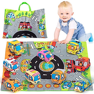 SYNARRY Soft Car Toys for 1 Year Old Boy, Baby Boy Toys 6 to 12 Months 12-18 Months, Kid Toy Cars for 1 Year Old Boys Infant with 1 Mat/Storage Bag, 1st Birthday Gifts for Toddler Toys Age 1(9 Sets)