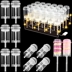 30 Hole Push Pop Cake Stand and 30 Packs Push up Cake Pop Shooter Plastic Pop Containers Cake Pop Holder with LED Lights for Halloween Wedding Candy Ice Cream Dessert Display (Square)