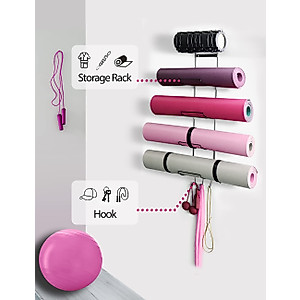 5-Tiers Yoga Mat Holder Wall Mount, Metal Storage Rack for Yoga Mat/Wheels, Foam Roller and Block, Wall Yoga Mat Rack with 3-Hooks for Hanging Stretching Strap, Resistance Bands, Yoga Accessories