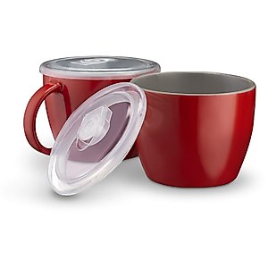KooK Soup Mugs, Soup Cups with Lid, Microwavable Soup Bowl with Handles, Ceramic with Plastic Lid, for Overnight Oats, Travel Cups, Oversized Coffee Mug, Cereal, 25 Oz, Set of 2, Cherry/Grey