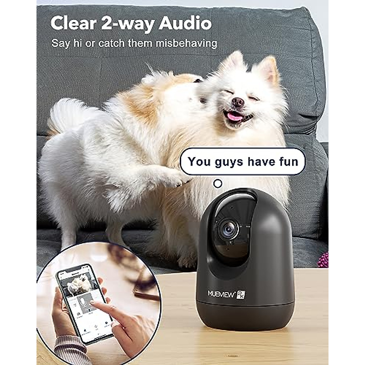 MUBVIEW Cameras for Home Security, Indoor Security Camera, 2.4G WiFi Wired Camera Ideal for Dog/Elder/Baby, Motion Tracking, Two-Way Audio, Pan Tilt, 24/7, 2K Night Vision PK320B-D