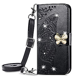 ONV Wallet Case for OnePlus N20 SE -1.5M Adjustable Strap Emboss Butterfly Flip Phone Case Card Slot Magnet Leather Shell Flip Stand Cover for OnePlus N20 SE [ZS] -Black