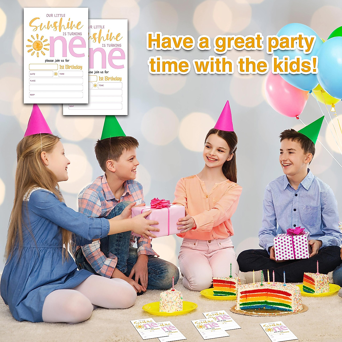 Sunshine 1st Birthday Party Invitations, 20 Invite Cards with Envelopes, 4" x 6" You're My Sunshine Birthday Invites - C10