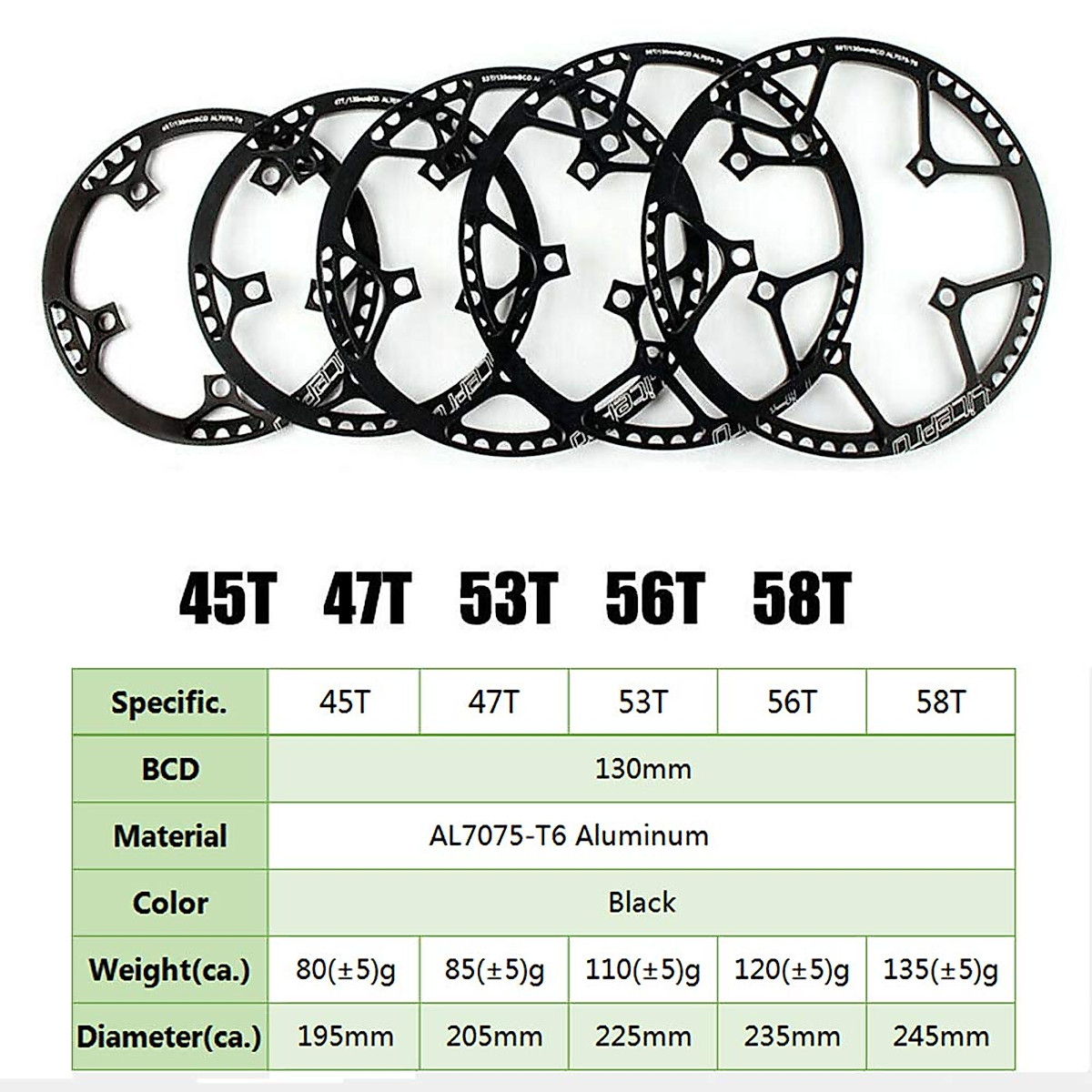 Folding Bike 130 BCD Crank, Round Single Speed Chainring 45T 47T 53T 56T 58T, Bicycle Black Aluminium Alloy Ultralight Sprocket Crankset, Fit 14'' 16'' 20'' Folding Bike