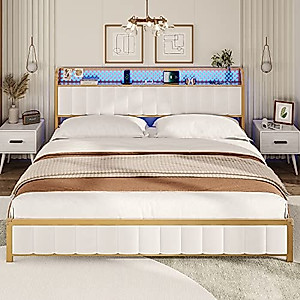 BTHFST King Bed Frame with LED Light Headboard, USB Ports & Outlets, Upholstered King Platform Bed Frame, Sturdy Bed Foundation, Upgraded 2-Row Middle Beams, Creamy White & Gold