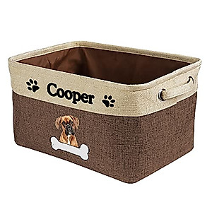 Personalized Dog Boxer Bone Decorative Storage Basket Fabric Durable Rectangle Toy Box with 2 Handles for Organizing Closet Garage Clothes Blankets Brown and White