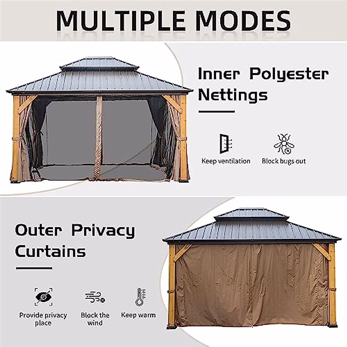 Jaxenor Outdoor Cedar Wood Frame Canopy - 12'x14' Hardtop Gazebo with Galvanized Steel Double Roof - Permanent Metal Pavilion for Patio, Backyard, and Lawn - Includes Curtains and Netting - Brown