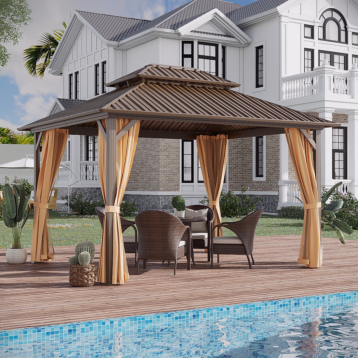 GAZEBEST 10x12 ft Hardtop Gazebo Outdoor Aluminum Patio Gazebo Double Roof Galvanized Steel Canopy with Netting and Curtains for Garden, Backyard, Deck and Lawns.