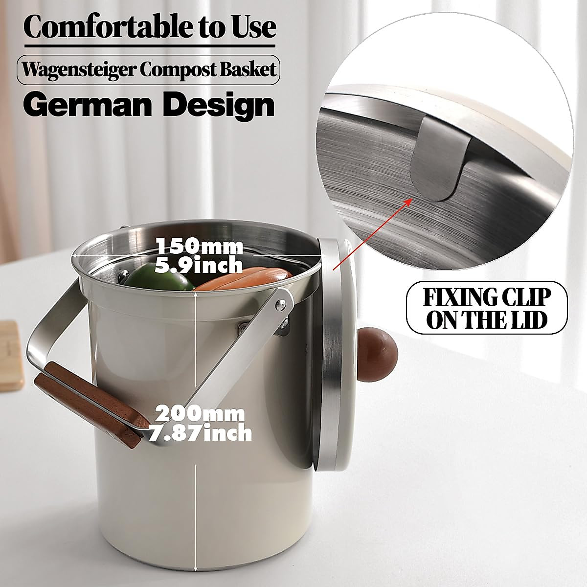 WAGENSTEIGER Kitchen Countertop Compost Bin 96 oz/3 Liter Airtight Lid SUS304 Premium Stainless Steel Odor-Free Food Waste Bin with Wooden Handle Stylish Design Modern Kitchen (Off-White)