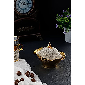 Swarovski Crystal Coated Handmade Brass Sugar Chocolate Candy Bowl Serving Dish with Lid & Spoon (Gold)