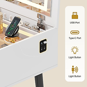 Lvifur Small Vanity Desk with Flip Top Mirror and Lights, Auto Sensor Dressing Table with Charging Station, Farmhouse Makeup Vanity Table with Jewelry Storage Drawer for Bedroom (White)