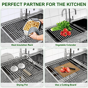 Sindax Roll Up Dish Drying Rack, 23‘’x13'' Stretchable Stainless Steel Over The Sink Dish Rack Multifunctional Foldable Over Sink Rack with Utensil Holder for Kitchen