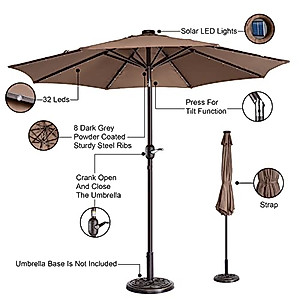 VILLACERA 83-OUT5421B, Beige Lighted Patio Shade – 9 Ft Outdoor Umbrella with 19lbs Weighted Base, Solar Powered LED, and Push Button Tilt – Backyard Canopy (Brown)