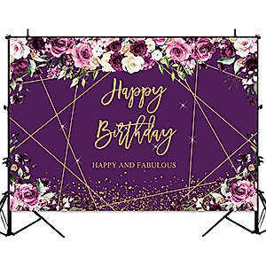 Sensfun Purple Floral Gold Happy Birthday Backdrop Glitter Sparkle Geometric Line Golden Dots Photography Background for Women Bday Party Decorations Supplies Banner Photo Props Vinyl 7x5ft