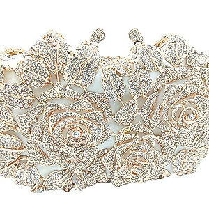 Dazzling Women Gold Rose Flower Hollow Out Crystal Evening Metal Clutches Small Minaudiere Handbag Purse Wedding Box Clutch Bag (D)