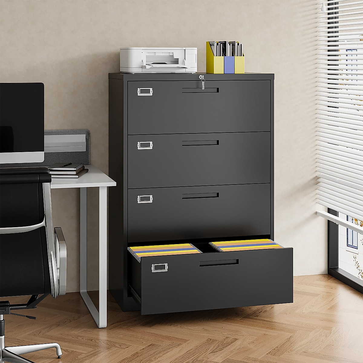 STANI Lateral File Cabinet, 4 Drawer Metal Storage File Cabinet with Lock, Metal Lateral File Cabinet for Home and Office, Assembly Required