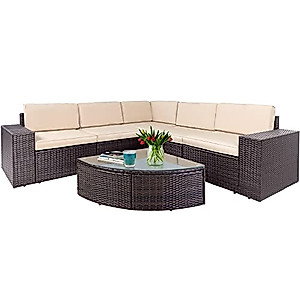 SOLAURA 6 Pieces Patio Furniture, Patio Sectional Sofa All-Weather PE Wicker Modular Outdoor Furniture Patio Conversation Set with Glass Coffee Table (Brown)