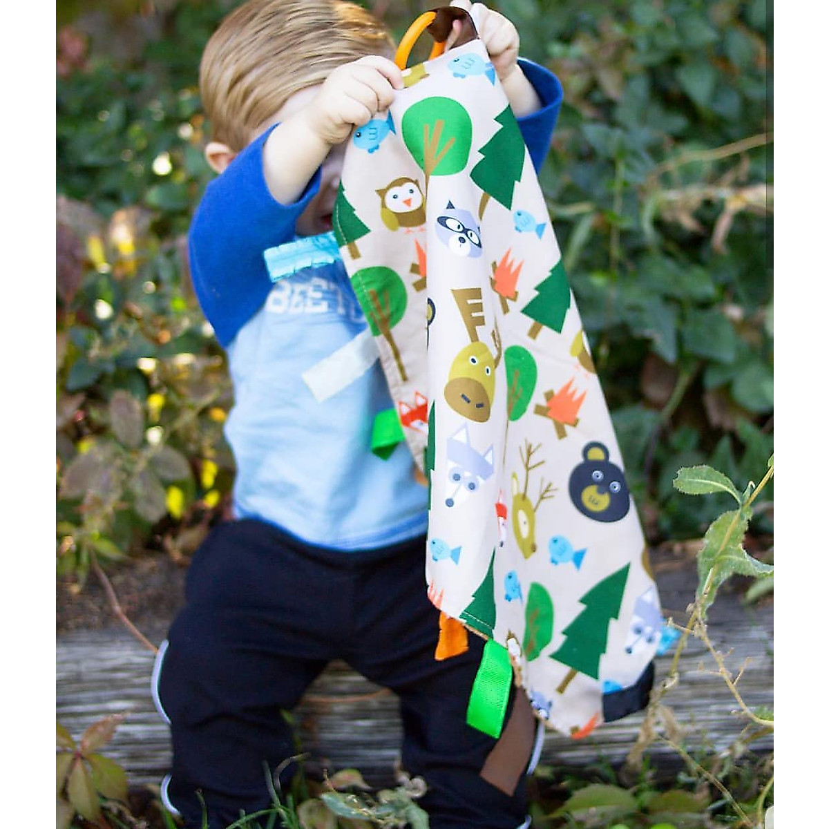 Baby Sensory, Security & Teething Closed Ribbon Tag Lovey Blanket with Minky Dot Fabric: 14”X18” (Forest)