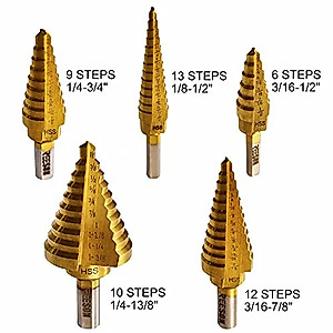 Reeson Step Drill Bits 5pcs 50 Sizes Unibit High Speed Steel Titanium Coated Double Cutting Blades for Sheet Metal Hole Drilling Cutting with Automatic Center Punch