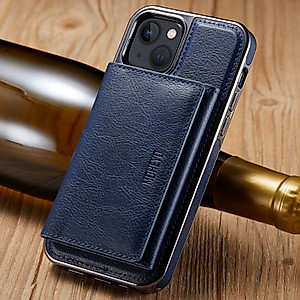 MOHEYO Designed for iPhone 14 Plus Case Removable Wallet Card Holder Magnetic Compatible with MagSafe Slim Thin Vegan Leather Cover (Blue)