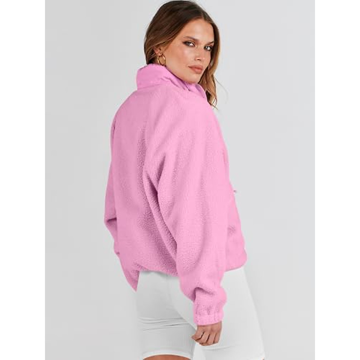 ANRABESS Womens Fuzzy Fleece Jacket Fall Casual Long Sleeve Cropped Sherpa Button Down Shacket Coats Outwear With Pockets Pink Large