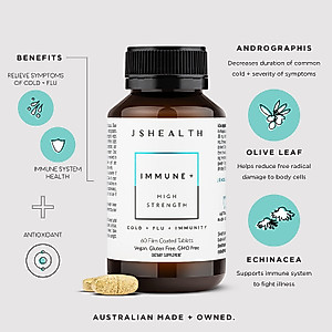 JSHealth Vitamins Immune + Immunity Booster Supplement with Zinc Vitamin C Echinacea and Olive Leaf Antioxidants (60 Tablets)