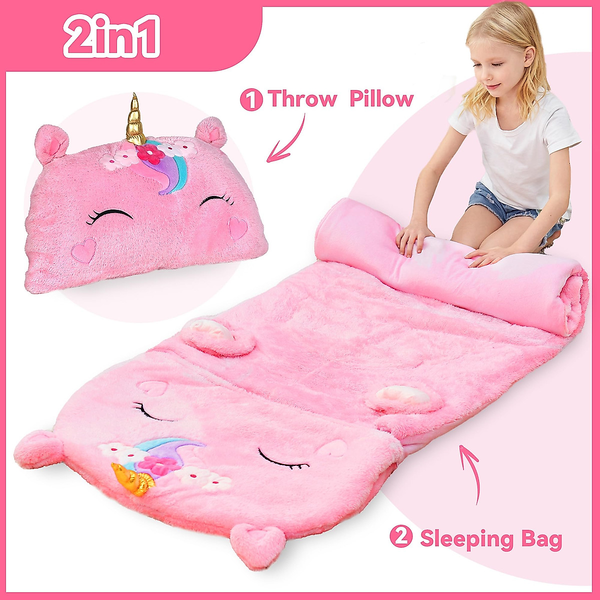 iPlay, iLearn Kids Unicorn Sleeping Bag, Toddler Girl Nap Mat, Plush Animal Slumber Bag 2 In 1 Pink Pillow Daycare Preschool Kindergarten Birthday Gift Travel Sleepover 3 4 5 6 7 8 10 12 Yr Child Teen