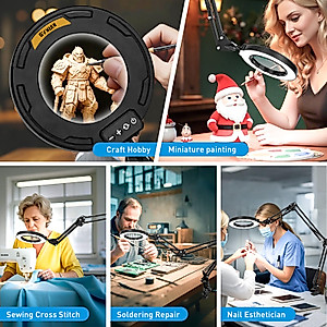 LED Magnifying Lamp with Clamp, 10X Real Glass Lens, 3 Color Modes and Stepless Dimmable Magnifier Desk Lamp,Adjustable Swivel Arm Lighted Magnifying Glass for Repair Craft Close Work-Black