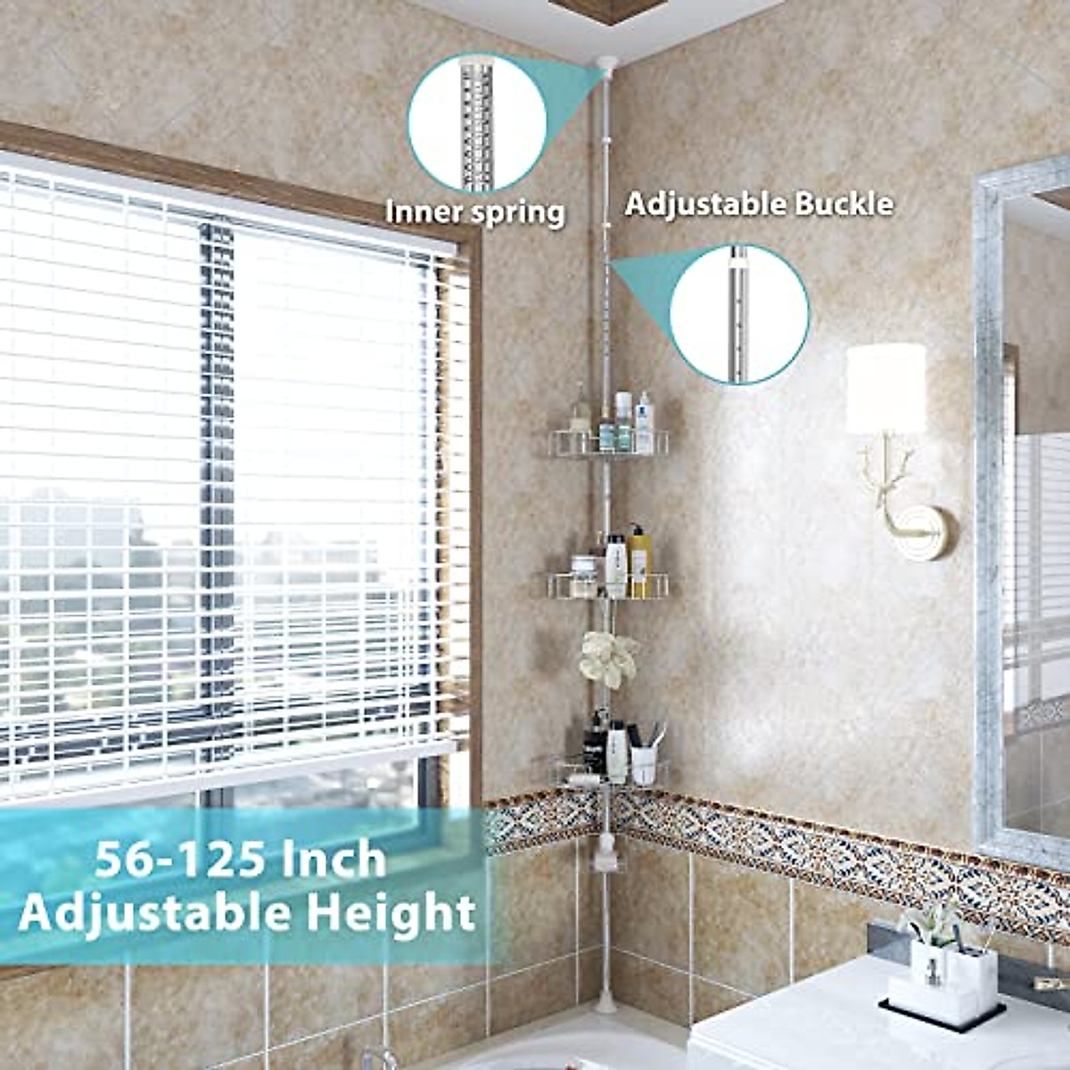 DAKEPOLE Rustproof Tension Shower Caddy, Stainless Steel Corner Stand Storage Organizer with Tension Pole for Bathroom Bathtub Shampoo Soap Plants, 4-Tier Adjustable Shelves,54 to 125 Inch