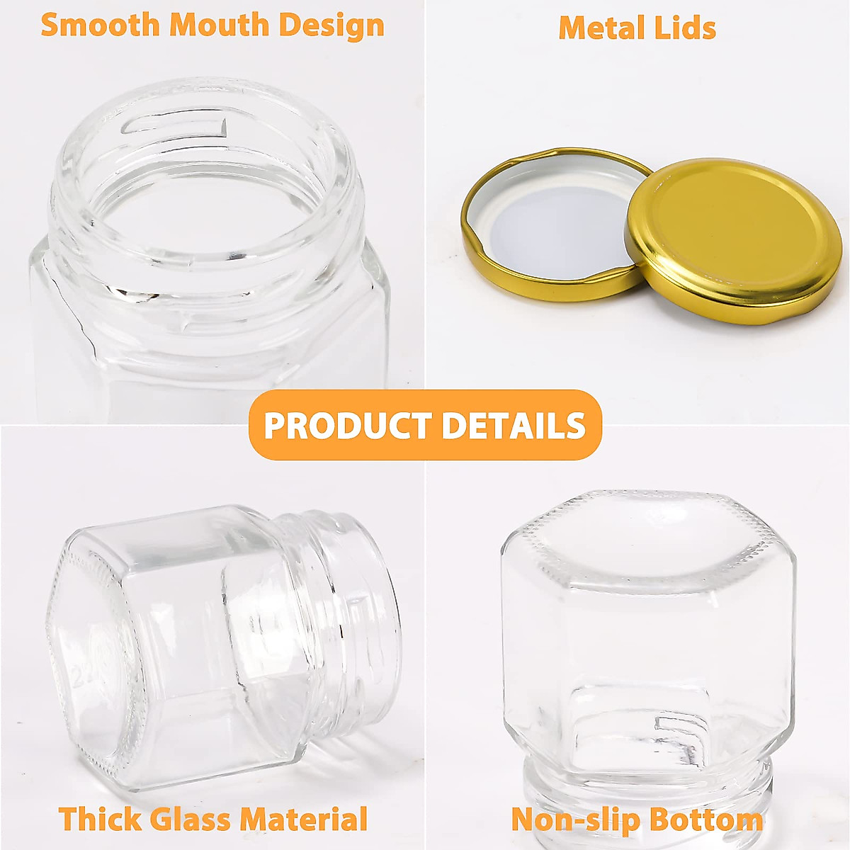 1.5 oz Hexagon Glass Jars with Gold Lids, 30 Pack Honey Jars Canning Jars Small Spice Jars for Jelly, Herb, Jams, Candy, Wedding Favors, Includes Labels and Pen