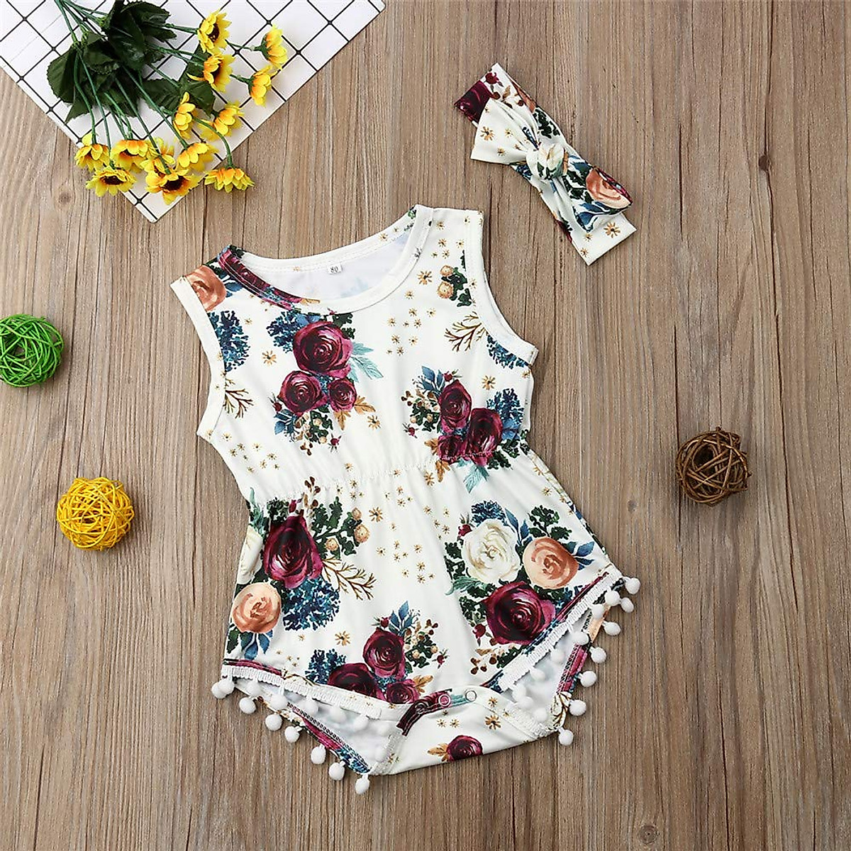 Merqwadd Infant Baby Girls Floral Romper Bodysuit Sleeveless Jumpsuit Outfit Summer Clothes (Floral-white, 12-18 Months)