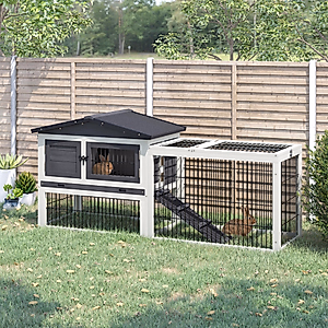 PawHut Rabbit Hutch, 2 Story Outdoor Bunny Cage with Slide-Out Tray, Run Cage, Openable Top for Rabbits, Guinea Pig, Dark Gray