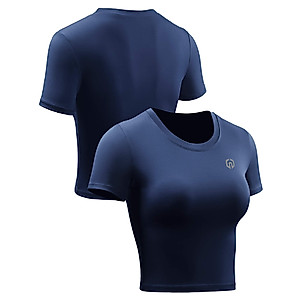 NELEUS Women's Running Crop Shirts Short Sleeve Workout Athletic Shirts,8079,Black/Grey/Navy Blue,3 Pack,L