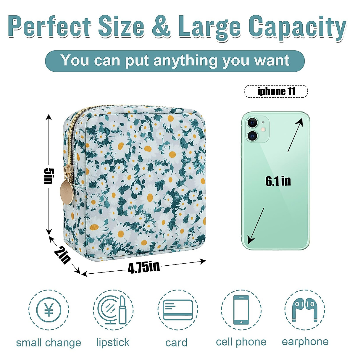 Nylon Mini Floral Makeup Bag for Purse, Small Cute Travel Makeup Bag Preppy Flower Cosmetic Zipper Pouch, Waterproof Coin Pouch Sanitary Napkin Storage Bag Make Up Organizer Set for Women(Green-Daisy)